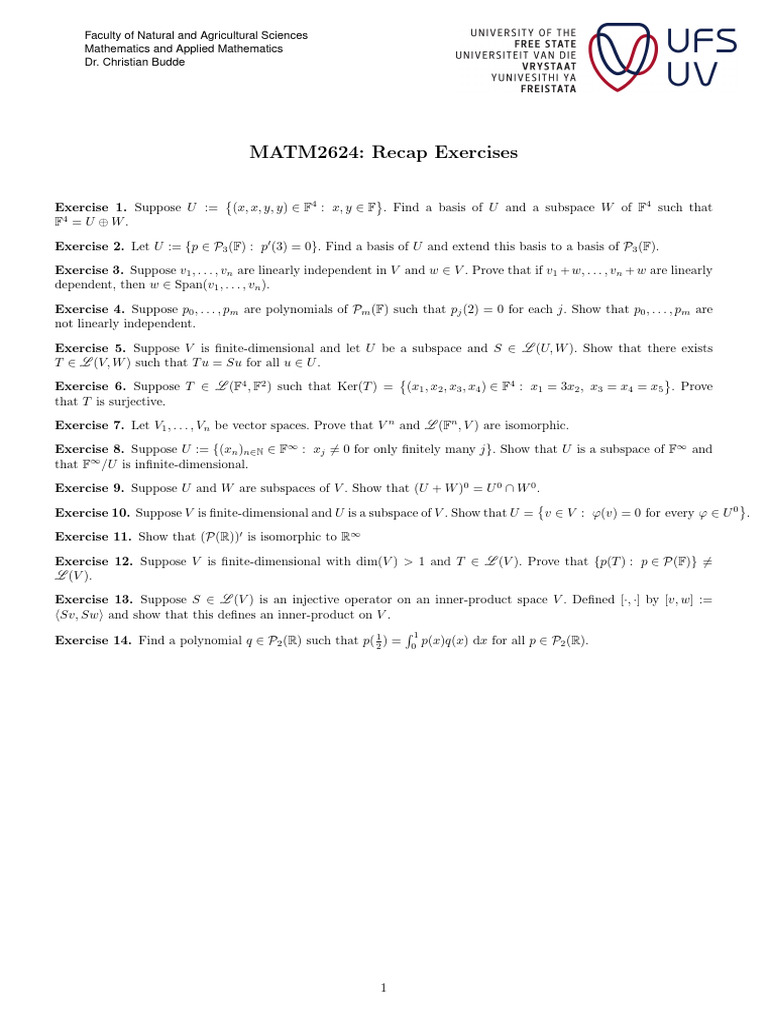 MATM2624 Recap Exercises | PDF