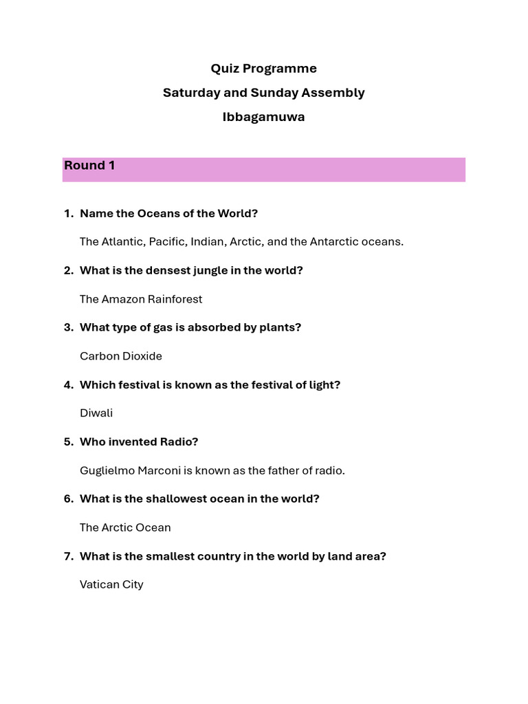 Quiz Questions for Weekend Assembly | PDF
