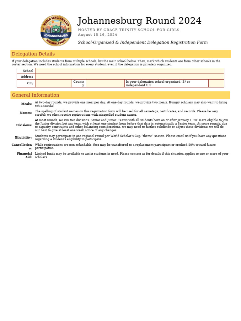 WSC Johannesburg Round Registration Form 2024 | PDF