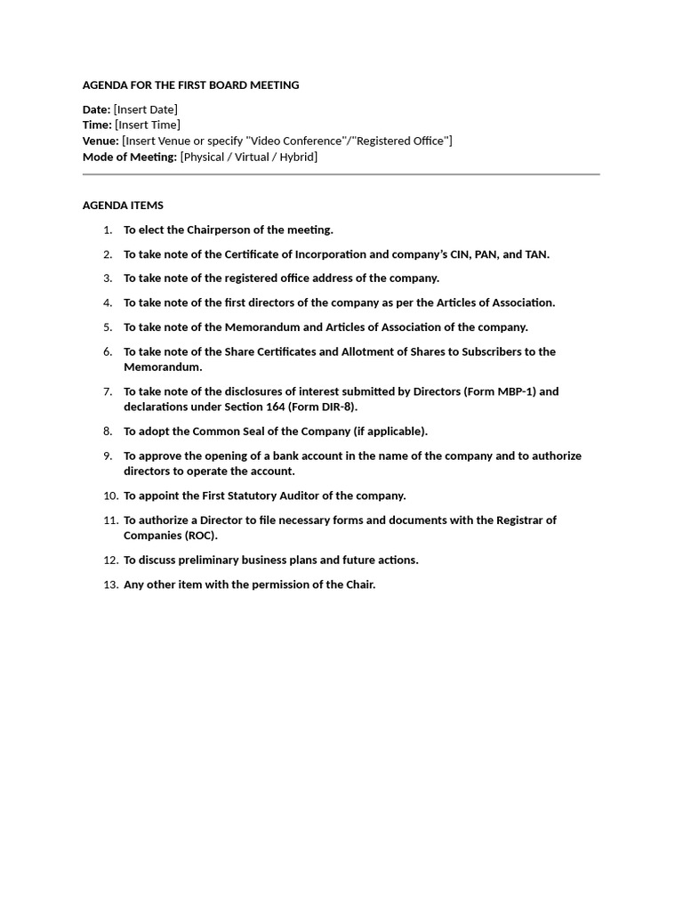 First Board Meeting Agenda Template | PDF