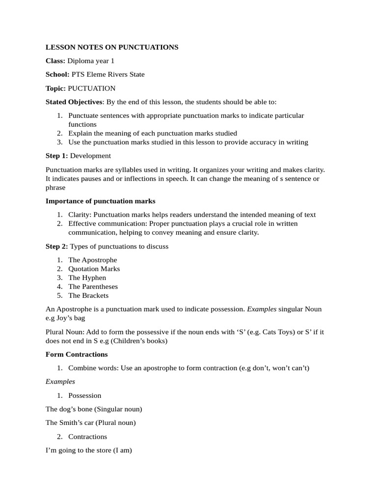 Lesson Notes On Punctuations | PDF | Bracket | Punctuation