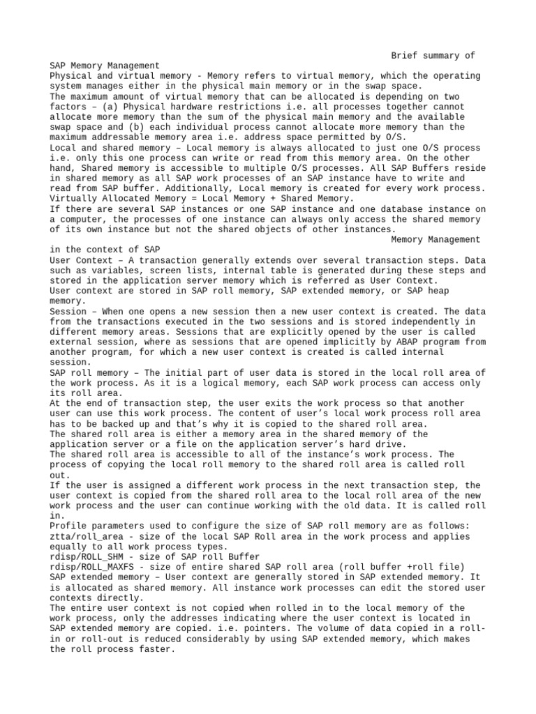 Brief Summary of SAP Memory Management | PDF | Software Engineering ...