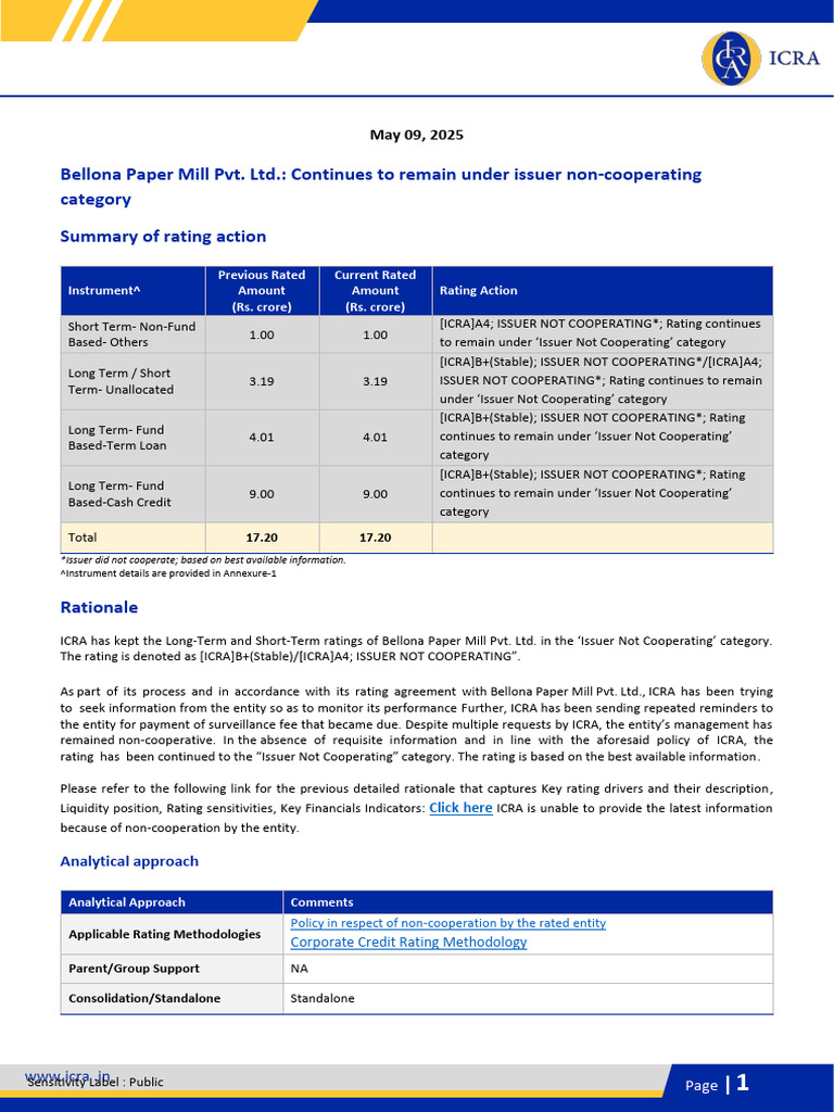 Bellona Paper Mill Pvt. LTD | PDF | Credit Rating Agency | Business