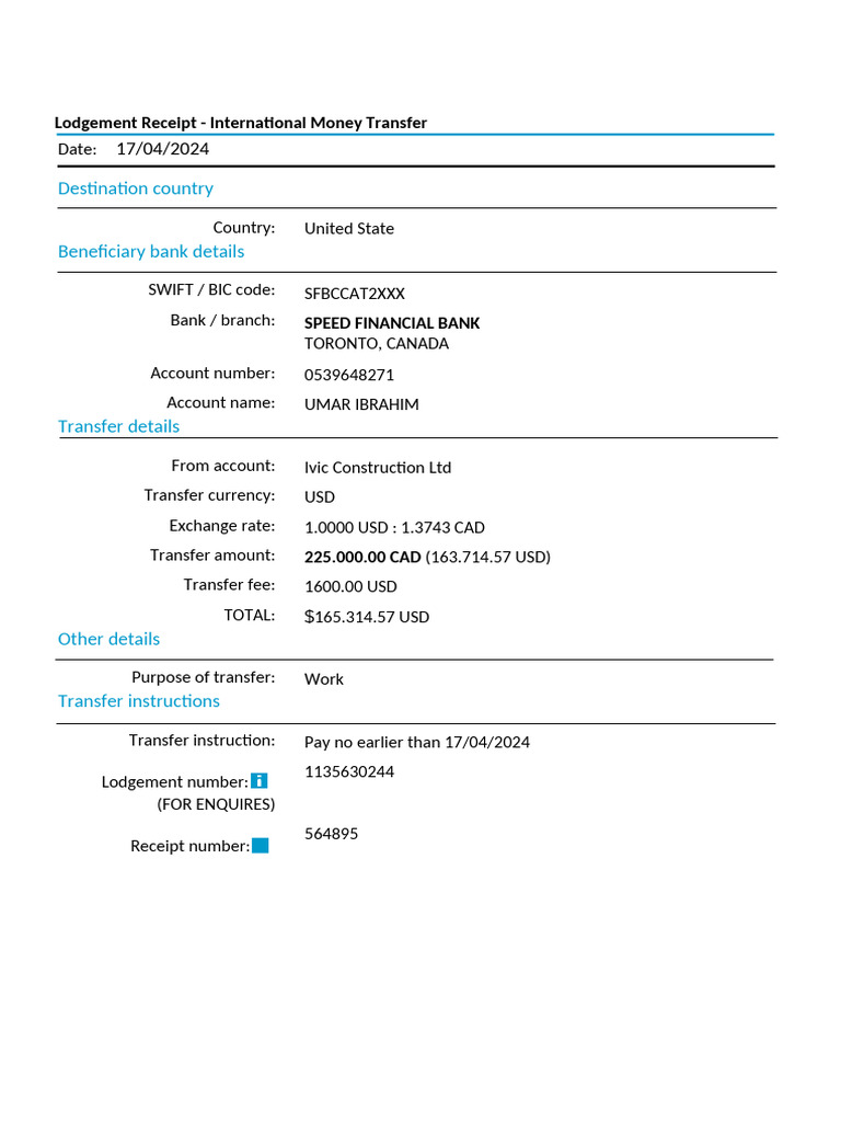 Lodgement Receipt - International Money Transfer | PDF