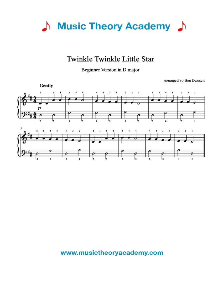 Twinkle Twinkle Little Star Easy Piano Music in D Major | PDF