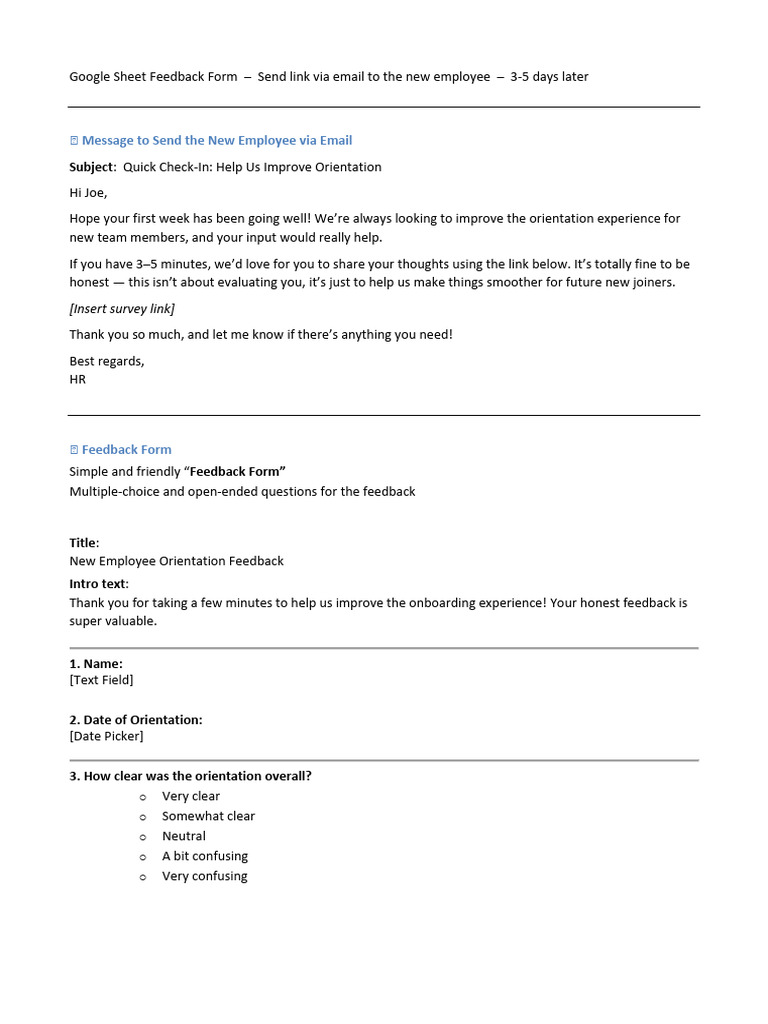 New Employee Orientation Feedback Form | PDF | Human Communication ...