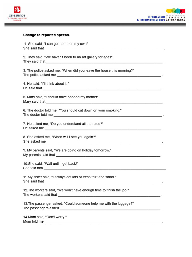 Reported Speech Worksheet | PDF