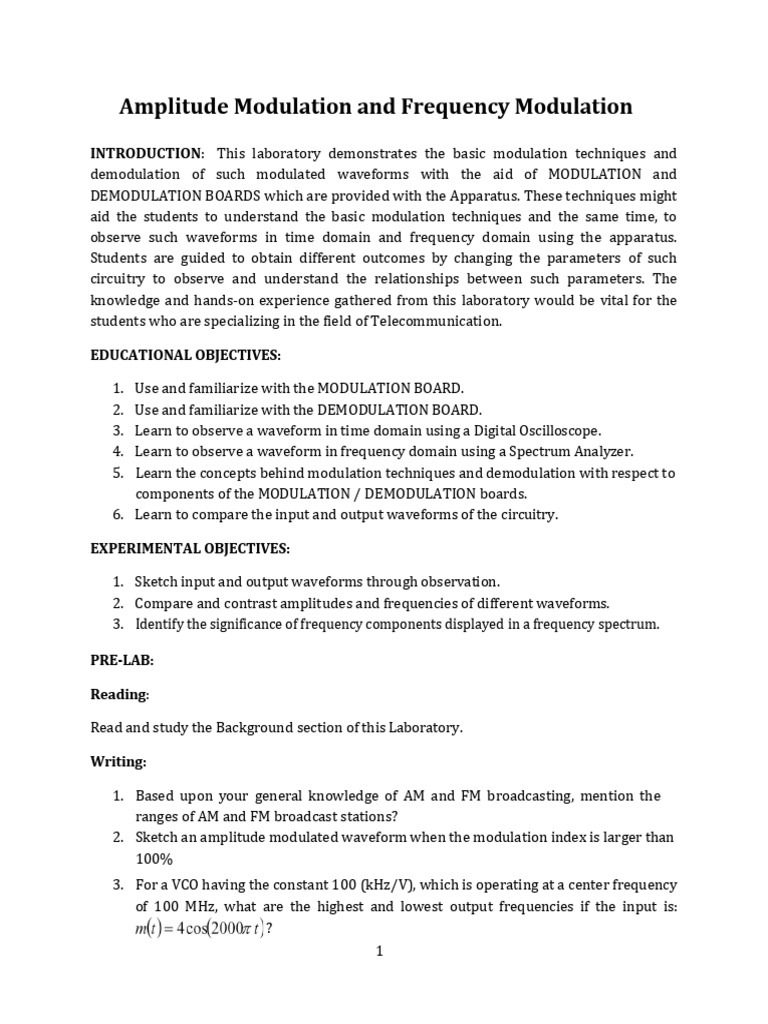 Lab 01 AM and FM Lab Sheet - Draft | PDF | Frequency Modulation | Modulation