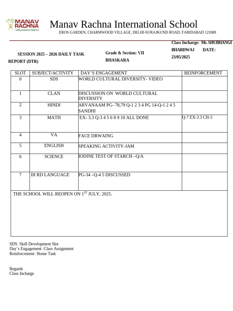 Grade VII Daily Task Report 2025-26 | PDF
