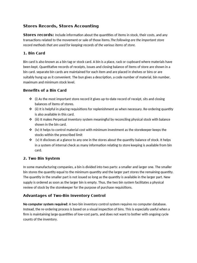 Stores Records and Stores Accounting | PDF | Business | Business Economics