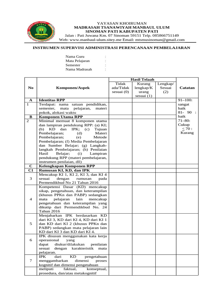Instrumen Supervisi Akademik MTs | PDF