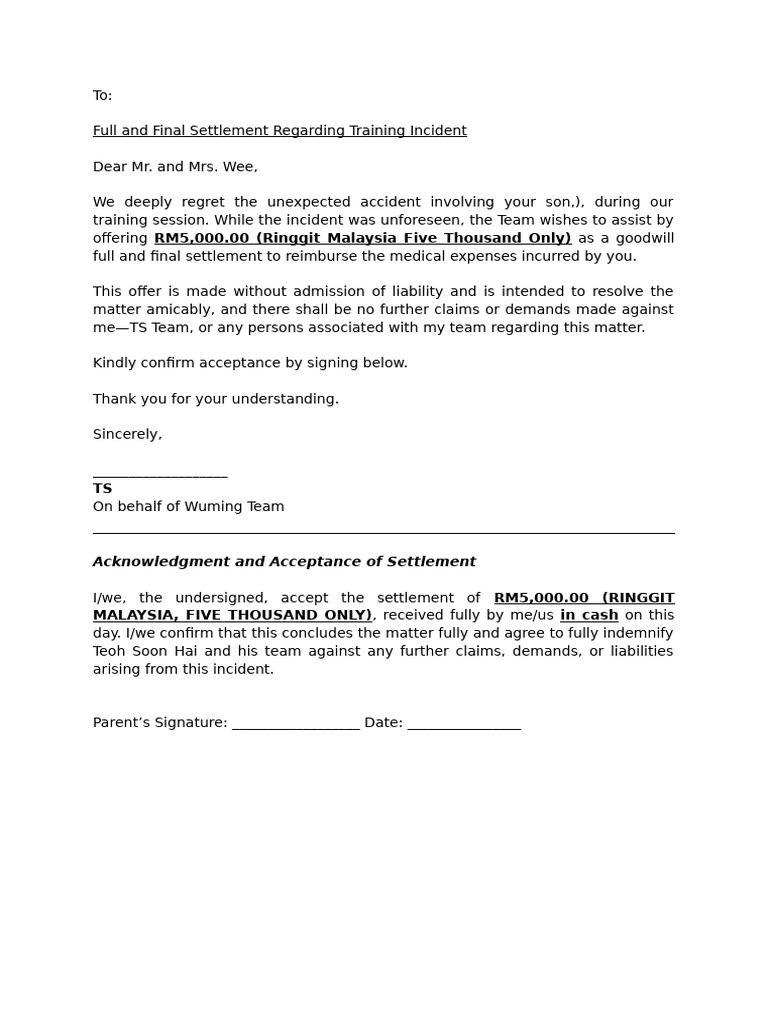 Settlement Letter Sample | PDF