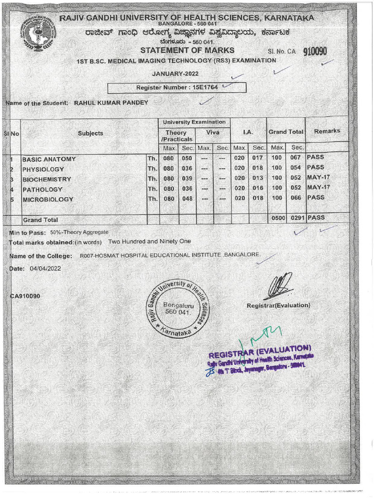 Rguhs Transcripts RAHUL KUMAR PANDEY PFD | PDF