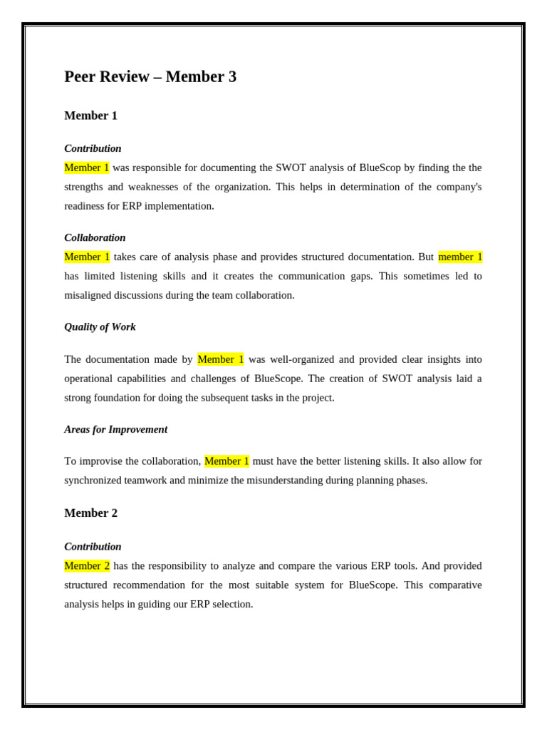 Peer Review and Self Reflection - Member 3 | PDF | Enterprise Resource ...