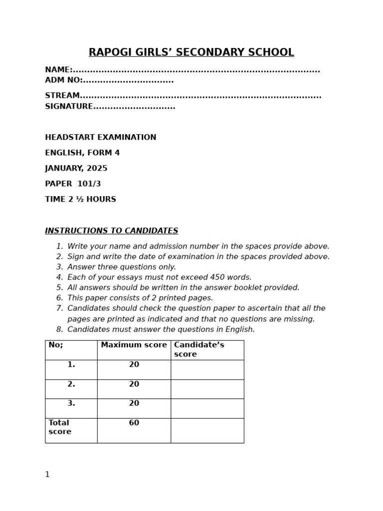 RGSS Eng Form 4 PP3 Headstart | PDF