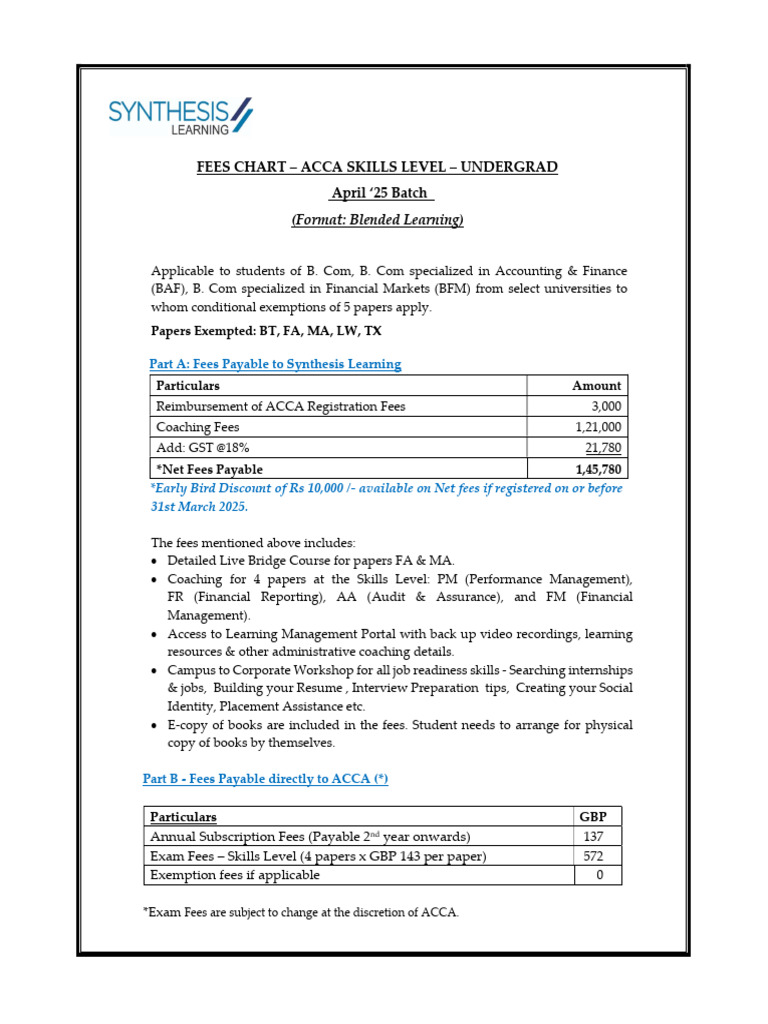 Fee Structure - Skills - April'25 Batch | PDF
