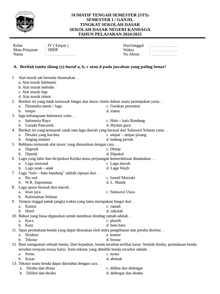 Soal Uts SBDP Kelas 4 | PDF