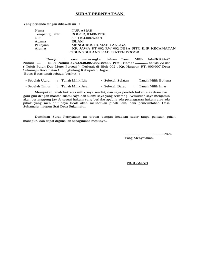 SURAT PERNYATAAN- NUR ASIAH | PDF