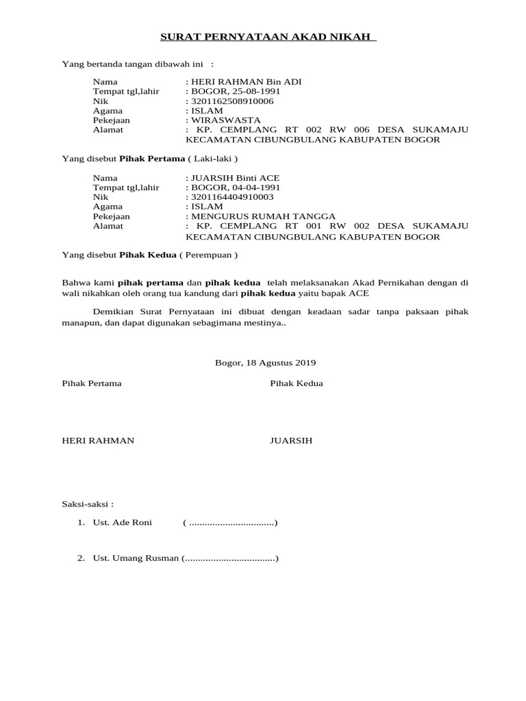 Surat Pernyataan Akad Nikah Juarsih | PDF