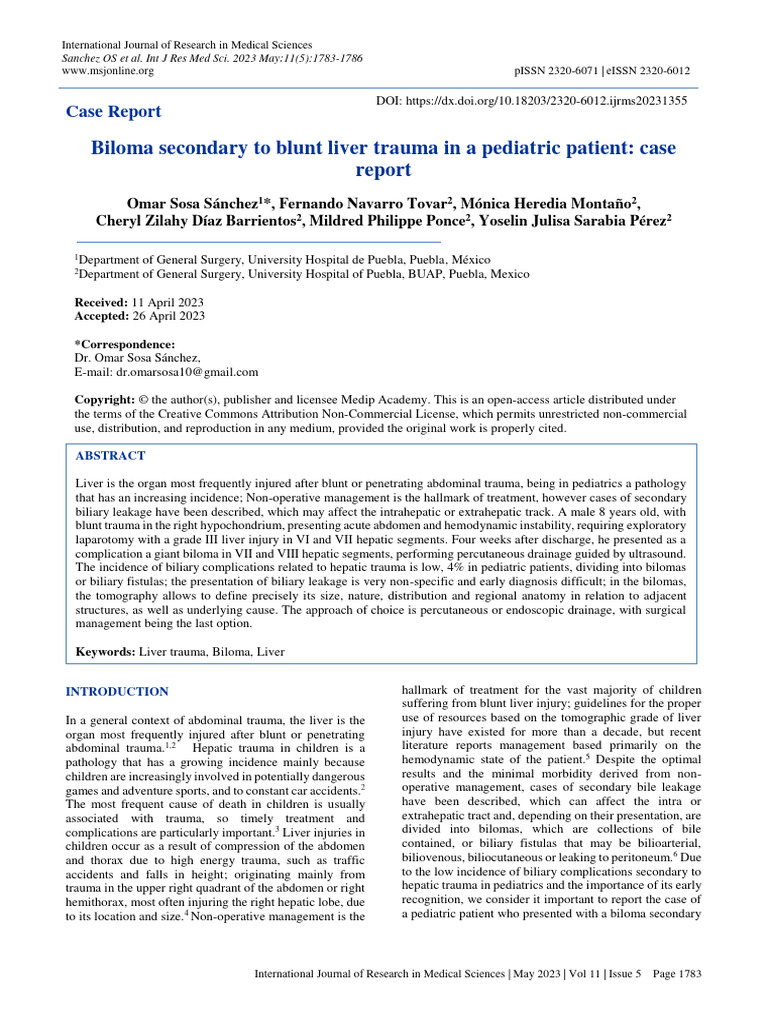 Biloma Secondary To Blunt Liver Trauma I | PDF | Diseases And Disorders ...