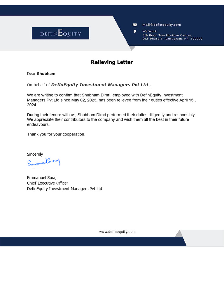 Relieving Letter - Shubham | PDF