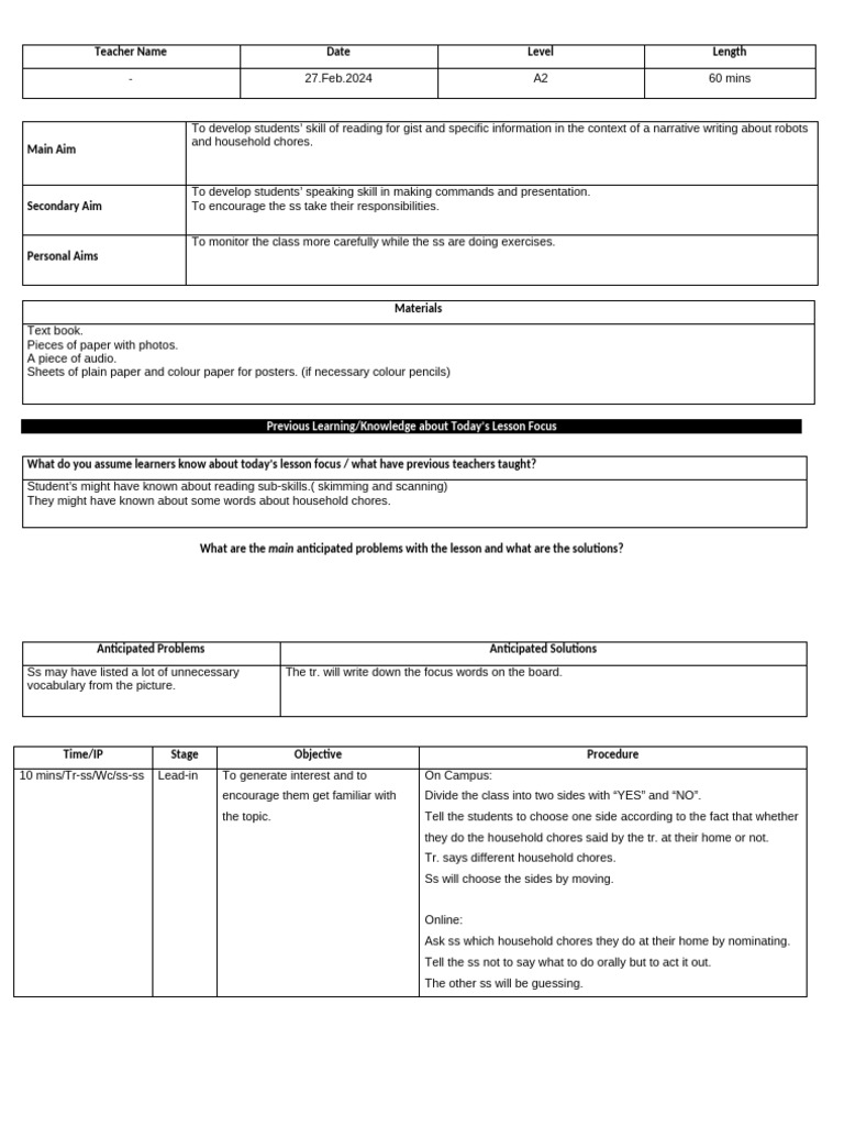 TKT m2 Lesson Plan PRE WHILE POST | PDF | Education Theory | Learning