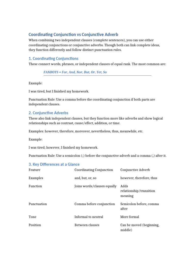 Conjunction Vs Conjunctive Adverb Hachan | PDF