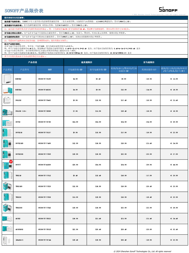 SONOFF产品限价表 【2024-4-10更新】 | PDF