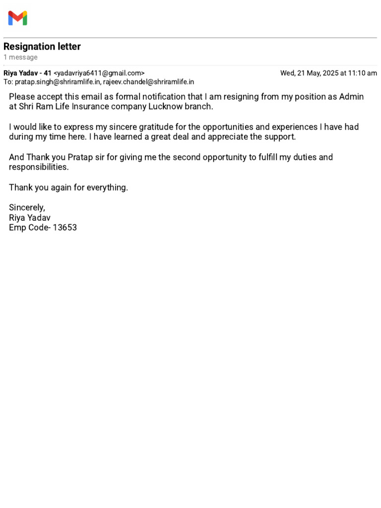 Gmail - Resignation Letter | PDF