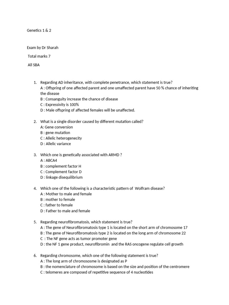 Genetics 1 & 2 Exam DR Sharah | PDF