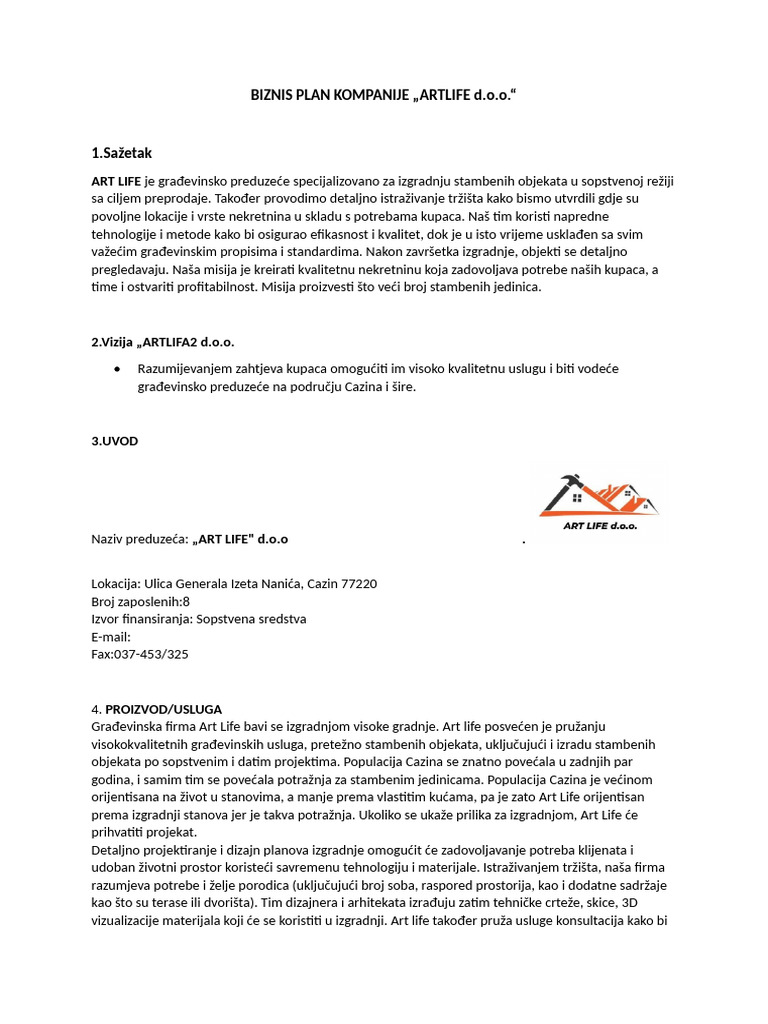 Biznis Plan Kompanije | PDF