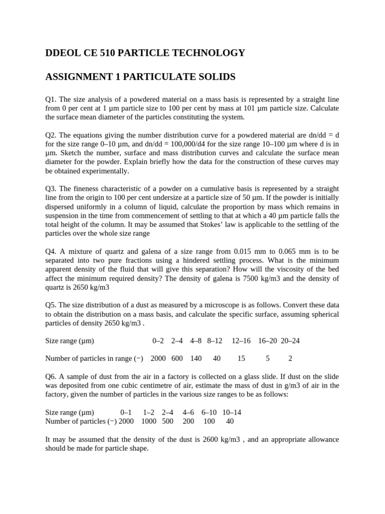 2024 Ddeol Ce 510 Assignment 1 Particulate Solids | PDF | Density ...