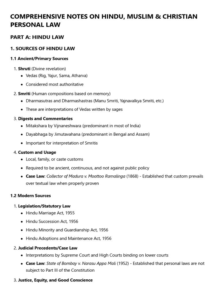 Comprehensive Notes On Hindu, Muslim & Christian Personal Law | PDF ...