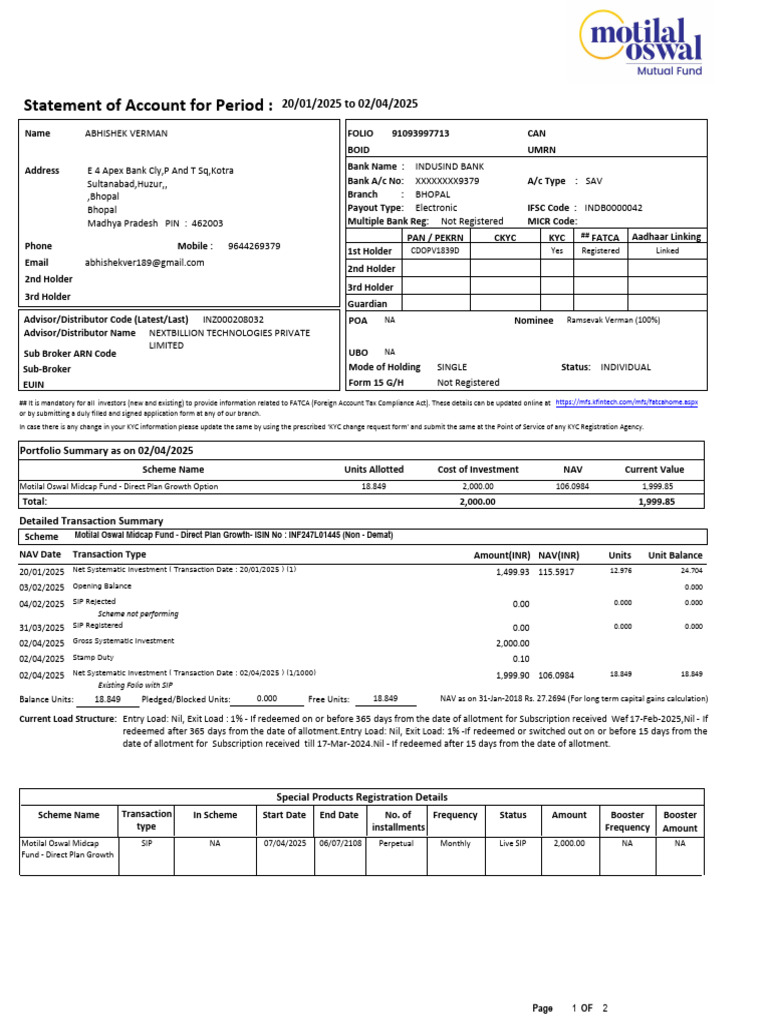 Motilal Oswal SIP 2000 5 - Unlocked | PDF | Cheque | Banks