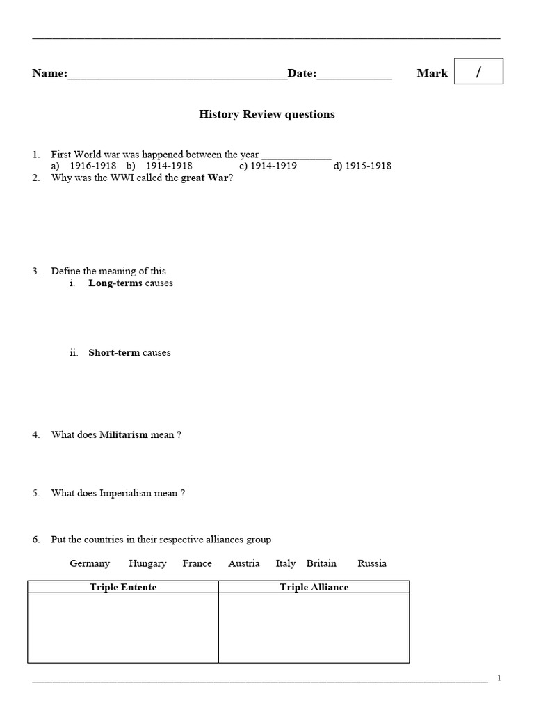 History Review Questions | PDF | World War I | German Empire