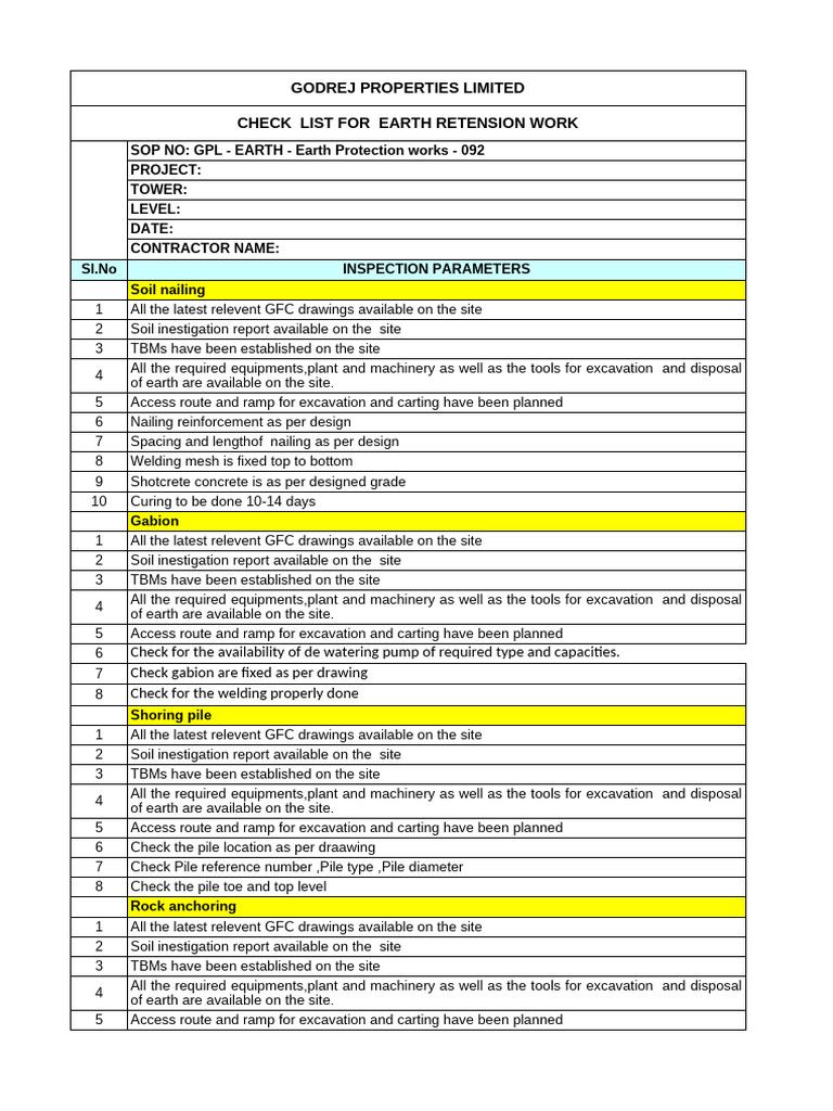 Check List Earth Retention | PDF | Deep Foundation | Building Materials