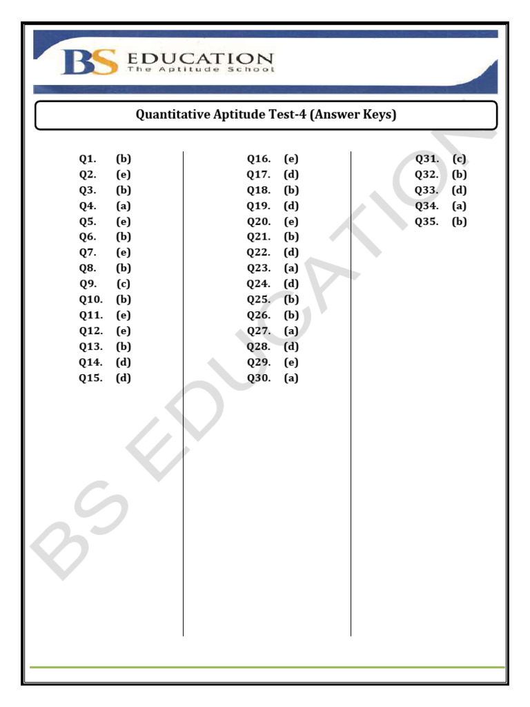 Quantitative Aptitude Test-4 (Answer Keys) | PDF