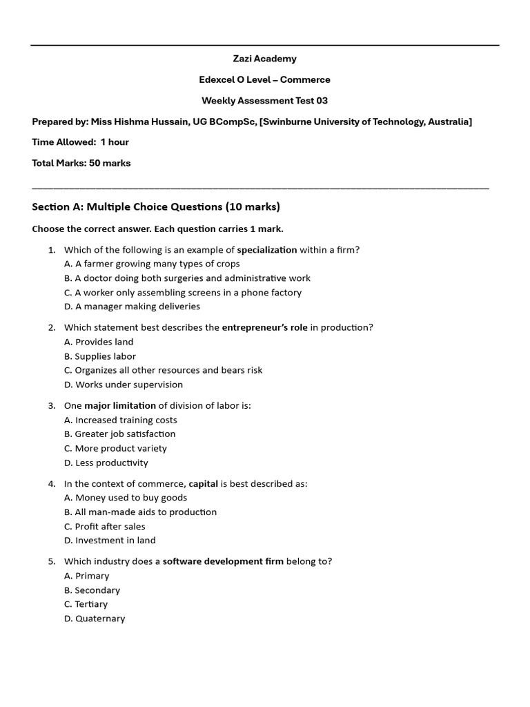 Edexcel OL Commerce Weekly Assesment 03 | PDF | Labour Economics ...