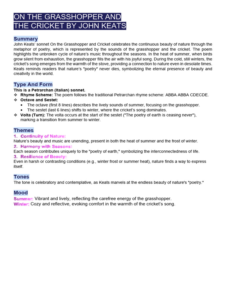 On The Grasshopper and The Cricket | PDF | Poetry | Stanzaic Form