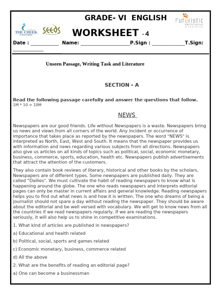 Grade VI English Worksheet on Newspapers | PDF | Newspapers | News