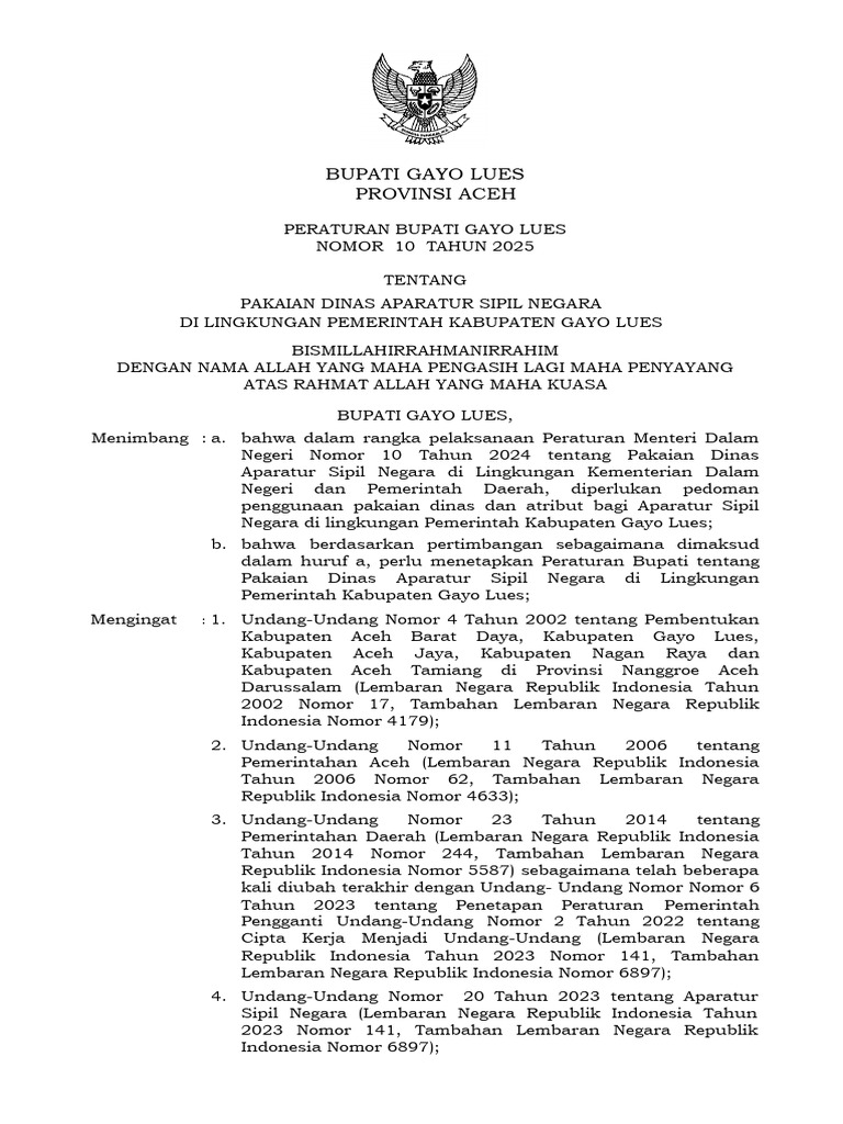 Perbup Nomor 10 Tahun 2025 Tentang Pakaian Dinas Asn | PDF