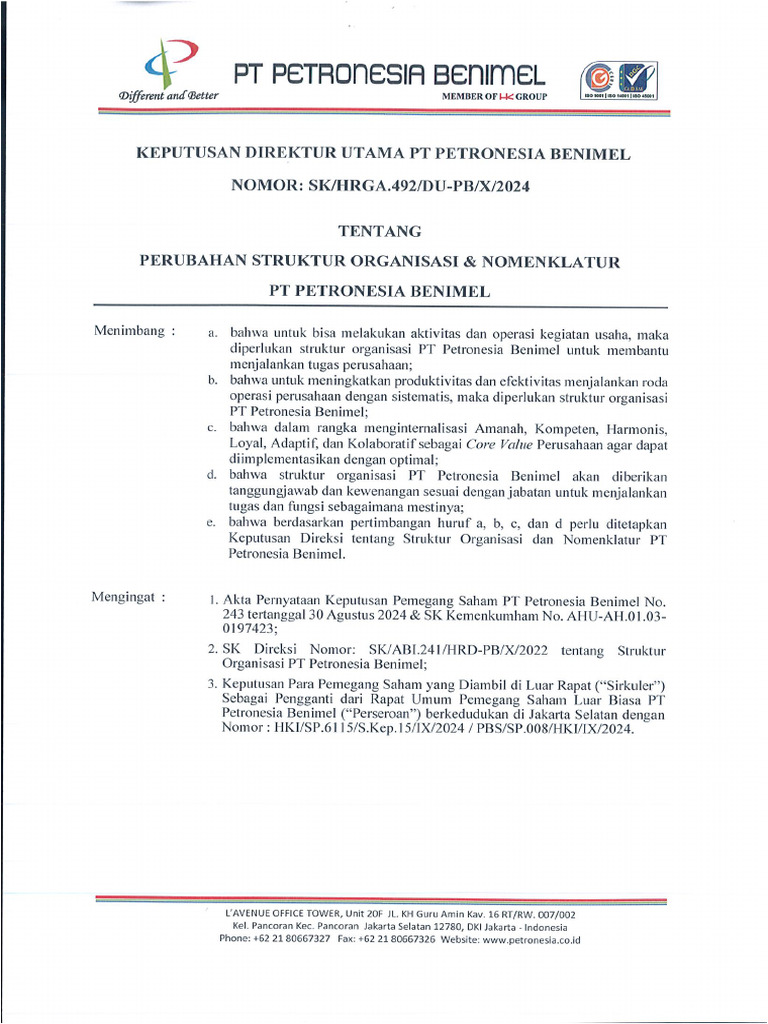 2025 Struktur Organisasi PT Petronesia Benimel | PDF