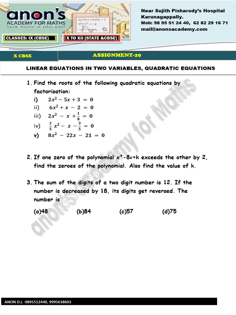 10 CBSE Chapterwise Assignment (29) Linear Equations in Two Variablel Anon's Academy | PDF