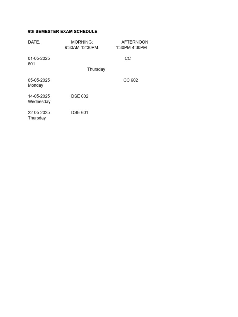 6th Semester Exam Schedule | PDF