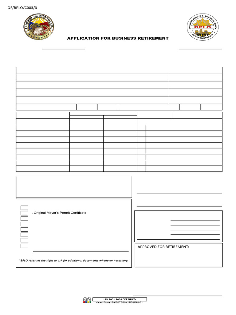 Muntinlupa Business Retirement Application | PDF | Taxation | Payments