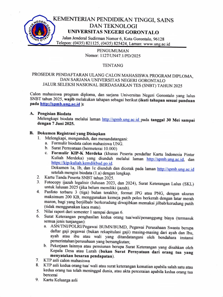 Pengumuman Syarat Dan Prosedur Pendaftaran Ulang Mahasiswa Baru UNG Jalur SNBT 2025 | PDF