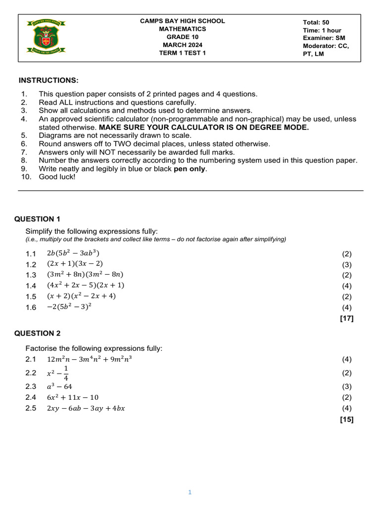 Grade 10 Term 1 Test 1 2024 | PDF | Elementary Mathematics | Arithmetic