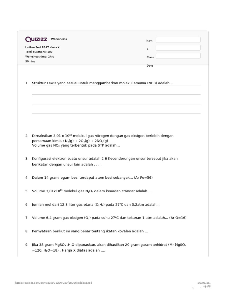 Latihan Soal PSAT Kimia X _ Quizizz | PDF