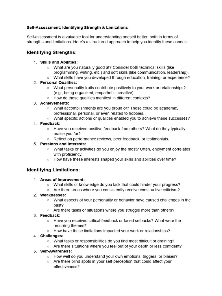 Self-Assessment Identifying Strength & Limitations | PDF | Disciplines ...