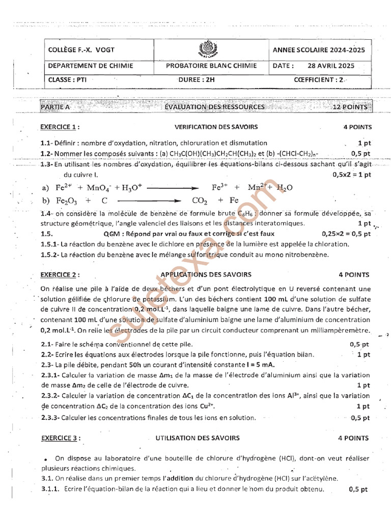 Probatoire Blanc Avril 2025 - Chimie - Série PTI - Collège F-X. Vogt | PDF